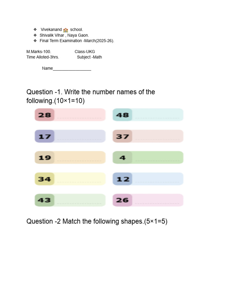 UKG Math Final Exam March 2025-26 | PDF
