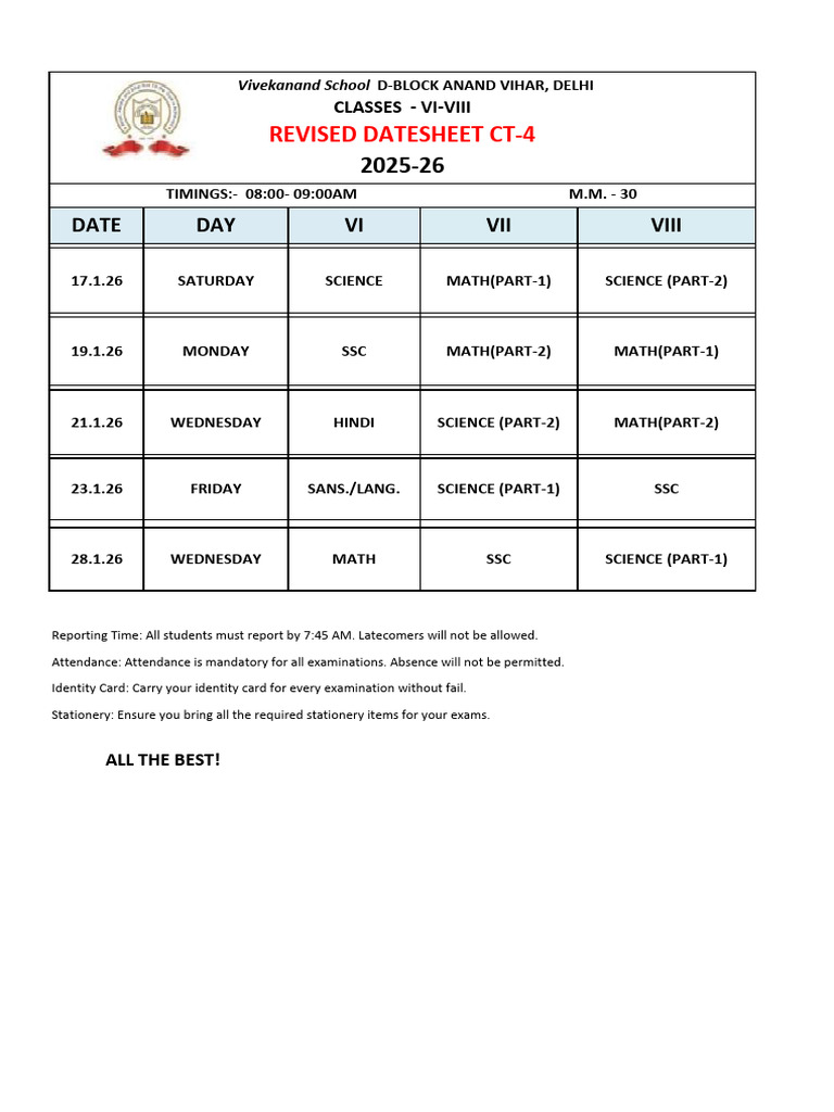 Revised Ct-4 Datesheet Class (6-8) 25-26 | PDF