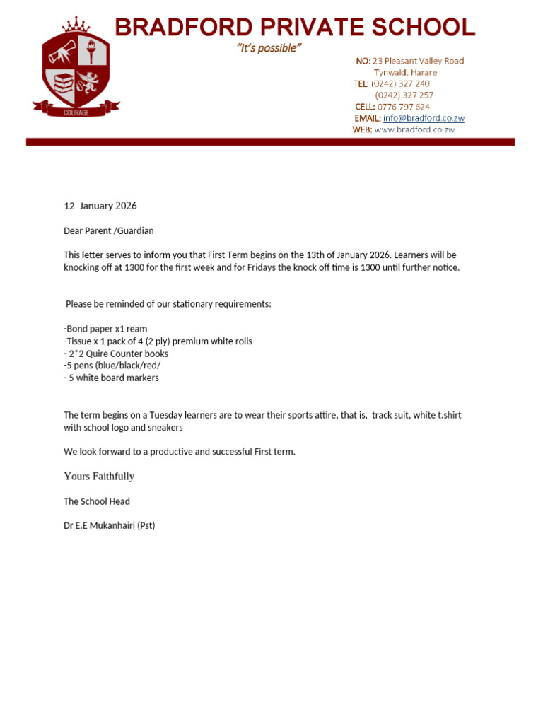 First Term Start Details for Parents | PDF