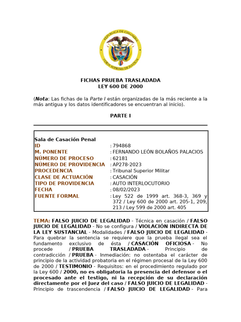 Fichas Prueba Trasladada Ley 600 de 2000 | PDF | Procedimiento Civil ...
