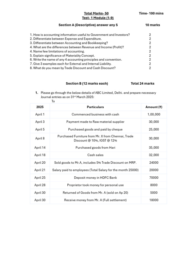 CBSE Class XI Accounting Test Module 1-9 7th Aug'25 Ritwik | PDF ...