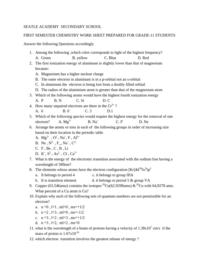 Grade 11 Chemistry Worksheet | PDF | Electron | Atoms