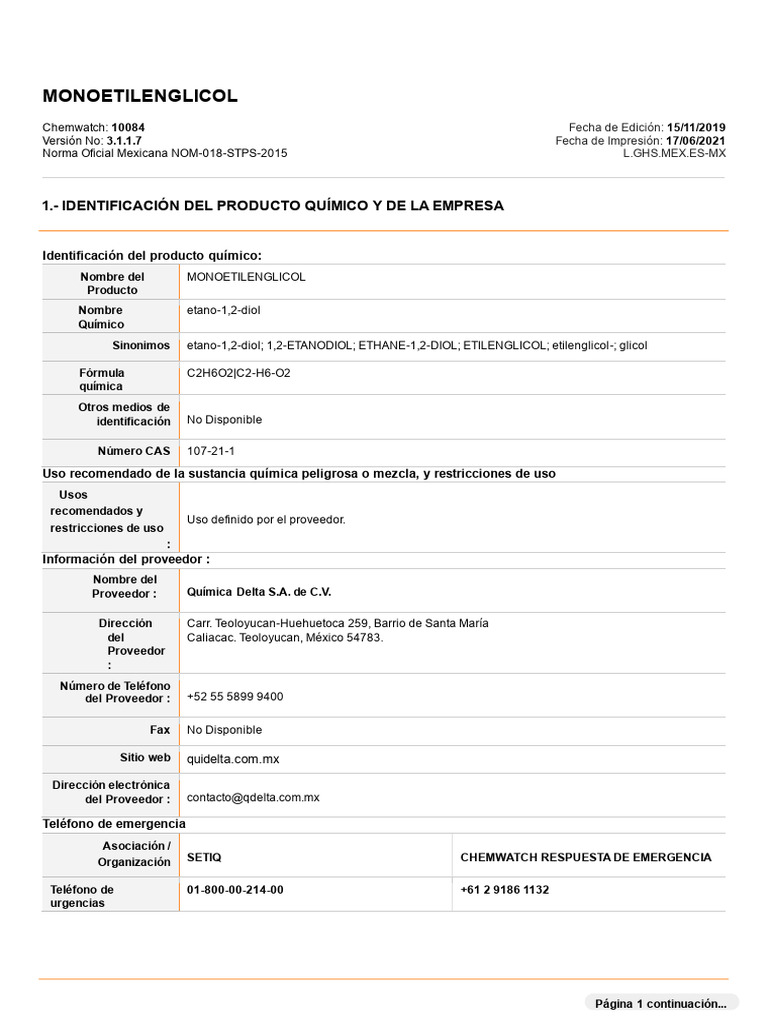 MSDS - Monoetilenglicol (CAS 107-21-1) (002) | PDF | Ventilación ...