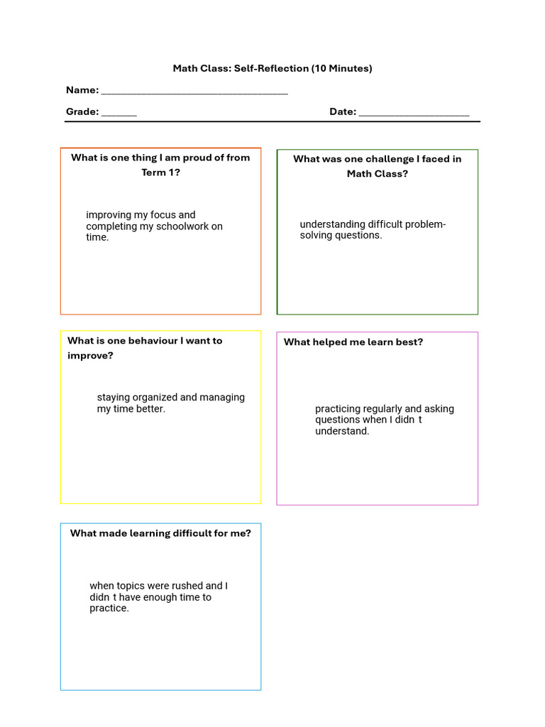 Math Class Self-Reflection Guide | PDF