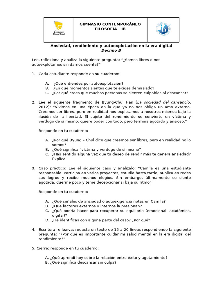 Ansiedad, Rendimiento y Autoexplotación - Décimo B | PDF