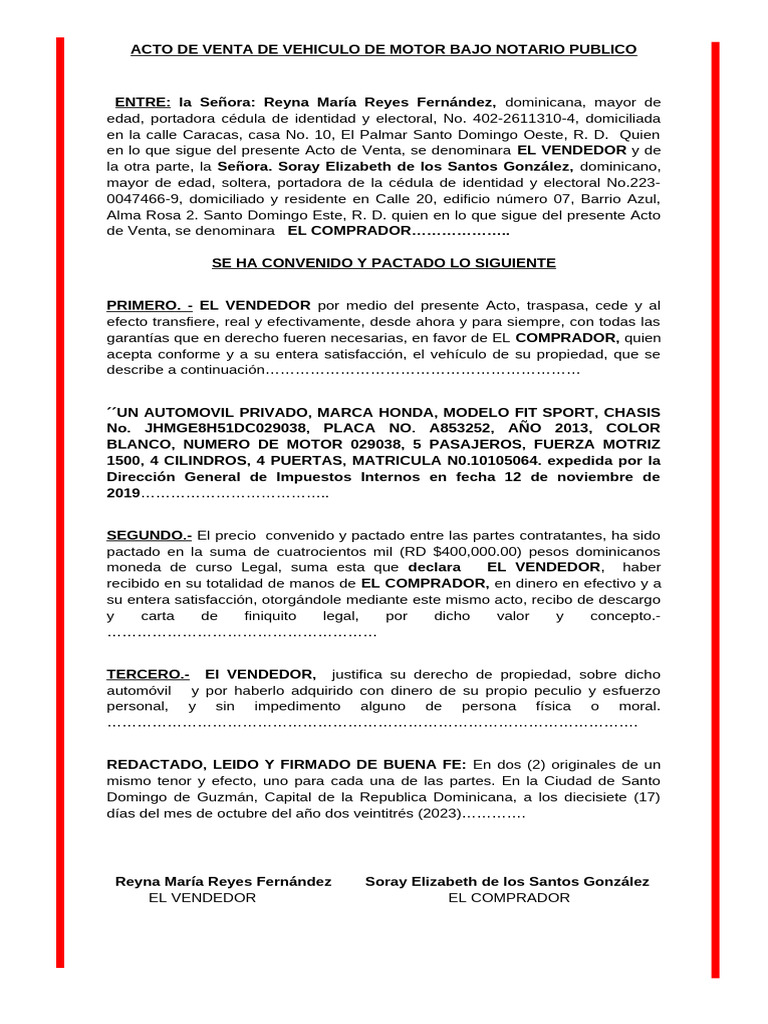 Acto de Venta de Vehículo de Motor Soray | PDF | República Dominicana