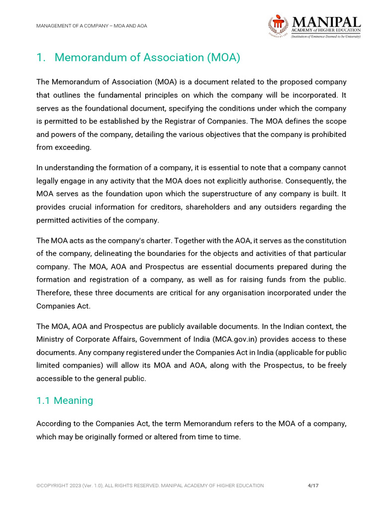 RM - Management of A Company - MOA and AOA | PDF | Articles Of ...
