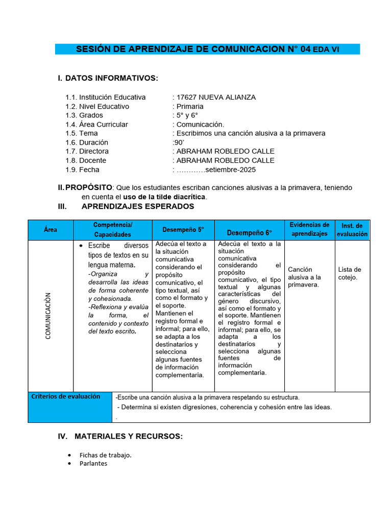 COMUNICACION SESION 4 Escrib.una canciòn A la primavera | PDF ...