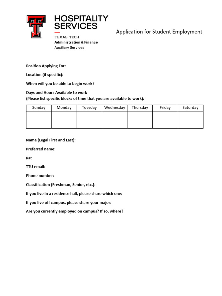 Student Employment Application | PDF