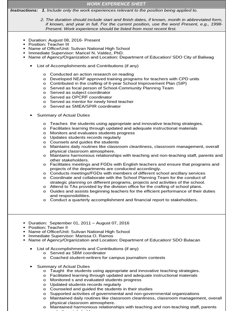 Work Experience Sheet.docx RIA | PDF | Teachers | Learning