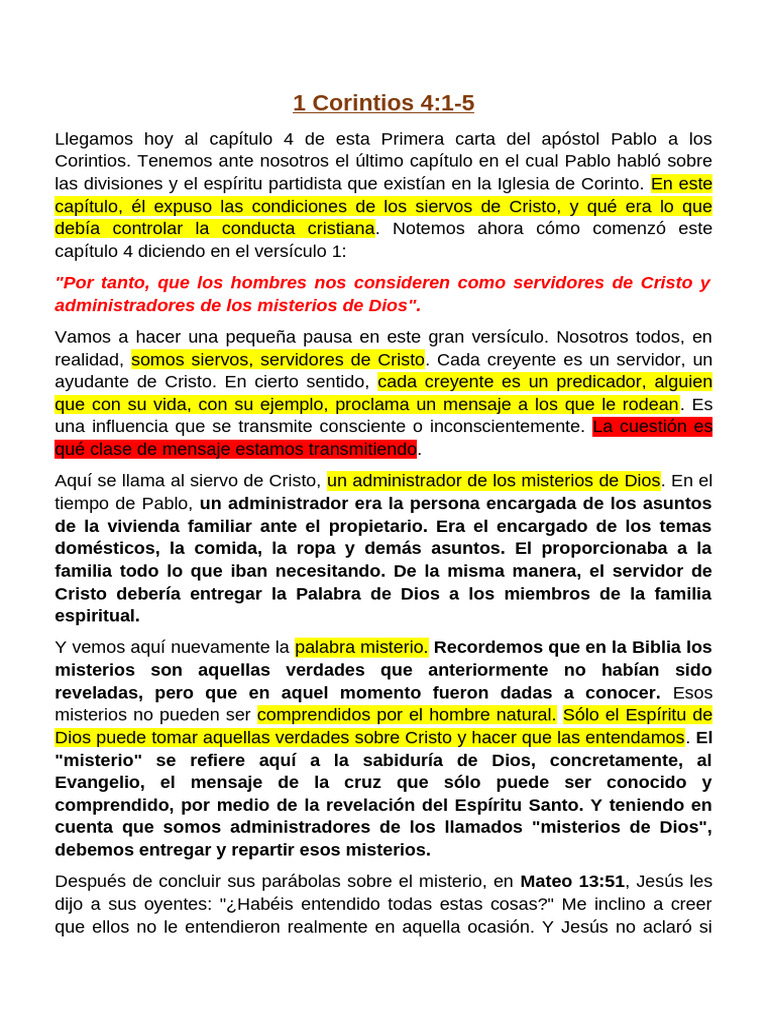 1 Corintios 4 | PDF | Primera epístola a los corintios | Cristo (título)
