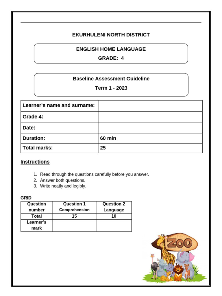 Grade 4 English Assessment: Comprehension & Language | PDF | Part Of ...
