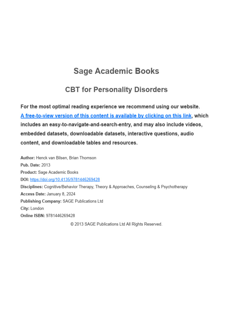 Henck Van Bilsen, Brian Thomson - CBT for Personality Disorders (2011 ...
