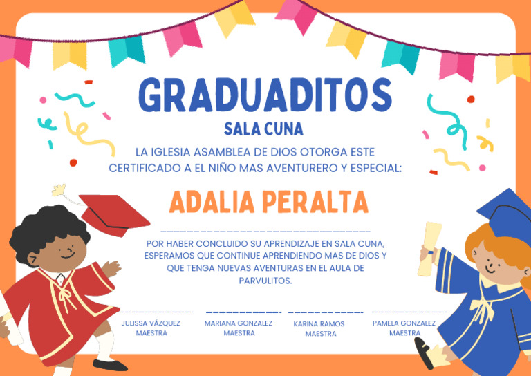 Certificado Graduados Escuela Preescolar Ilustrado Infantil Naranja y ...
