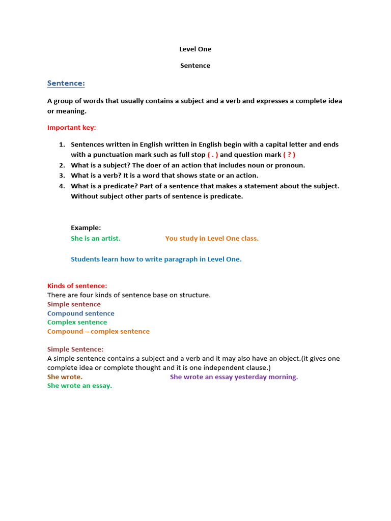 Level One-Writing-Part Two sentence and it's kind | PDF | Sentence ...