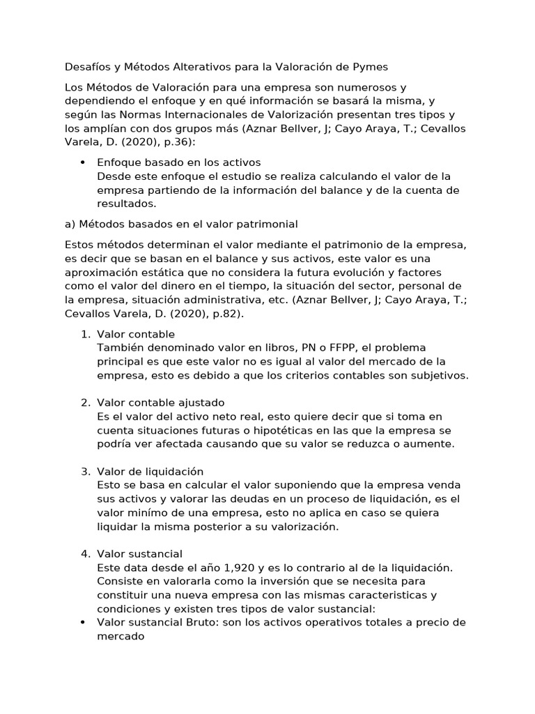DESAFIOS Y METODOS ALTERNATIVOS PARA VALORACION DE LAS PYMES | PDF ...