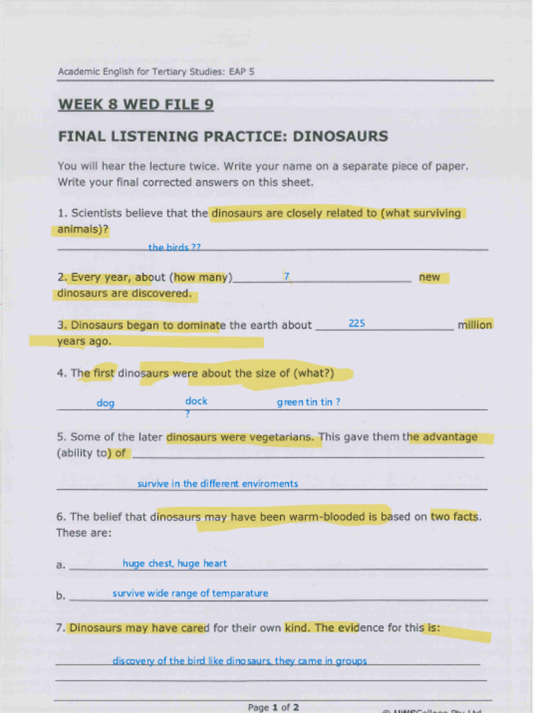EAP5 Week 8 Wed F9 - Final Listening Practice Dinosurs _ No Answers | PDF