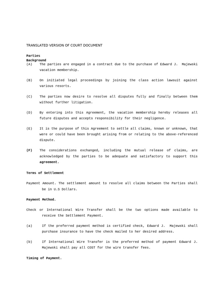 Vacation Membership Settlement Agreement | PDF | Non Disclosure ...