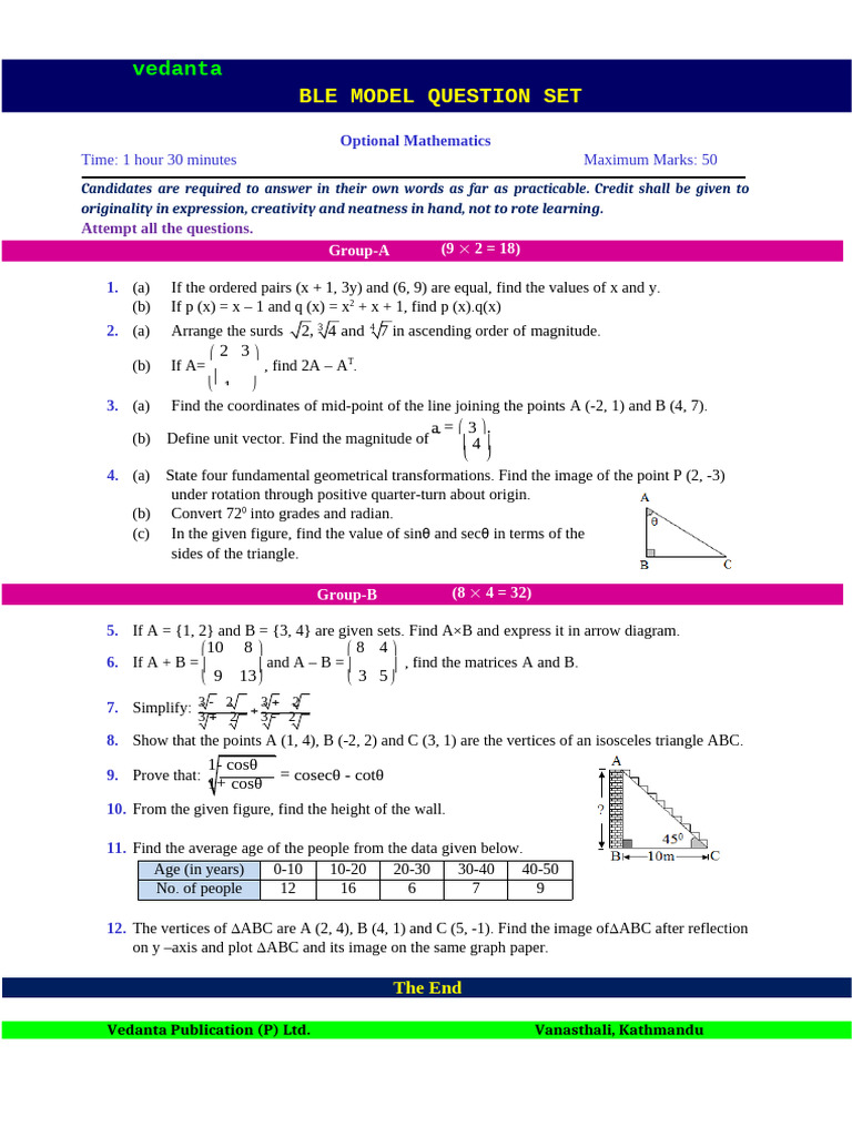 Ble Model Question Set Optional Mathematics 20210124070158 | PDF ...