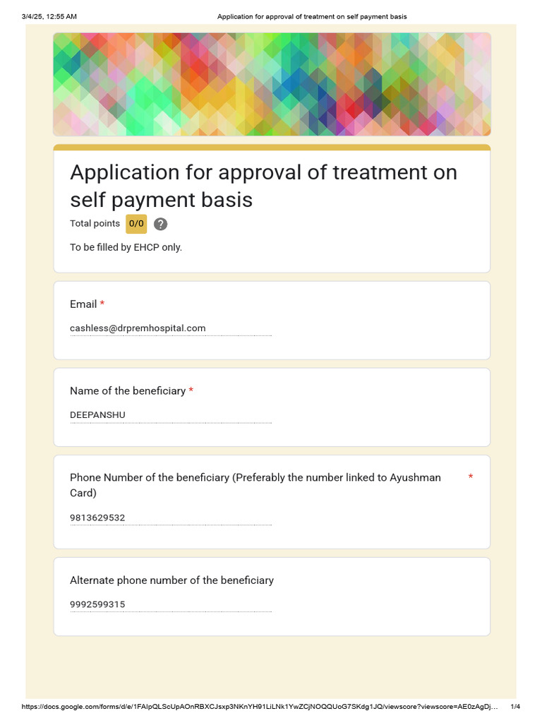 Application for Approval of Treatment on Self Payment Basis | PDF