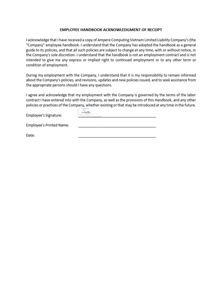 Employee Handbook Acknowledgement of Receipt 1 2025-06-26 | PDF