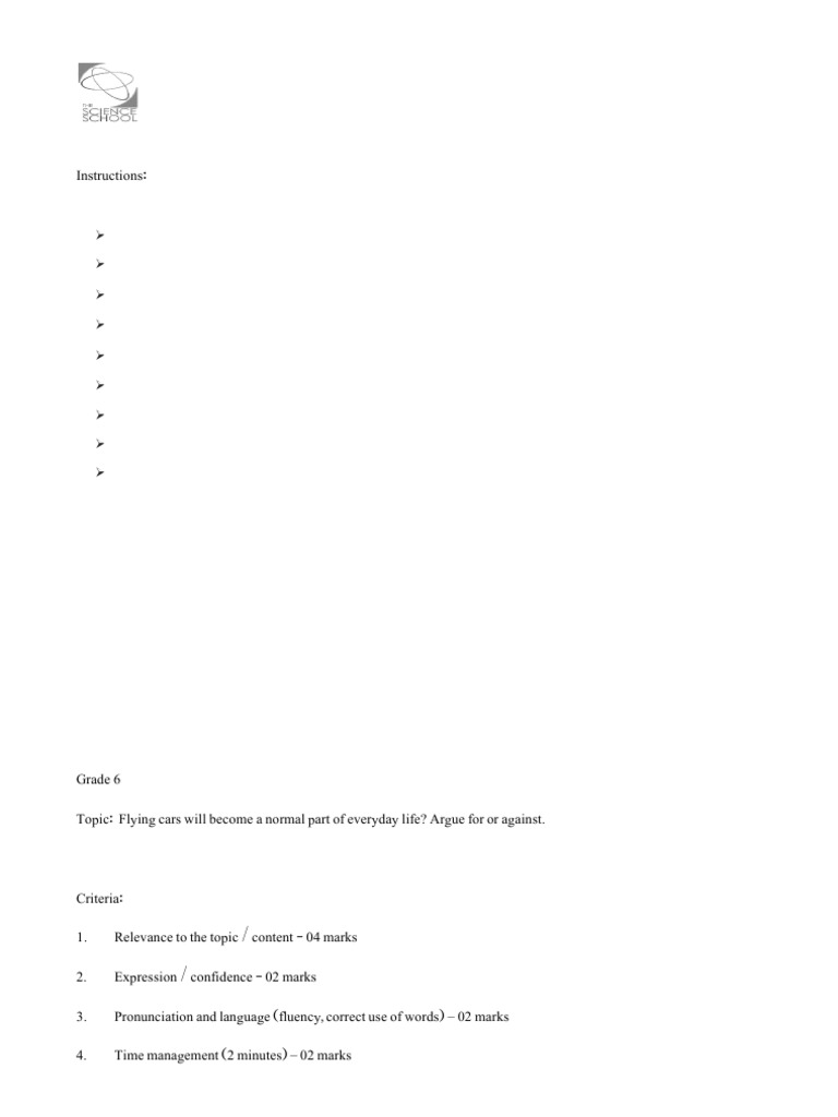English Speech Topics With Instructions Criteria GRADE 6 | PDF