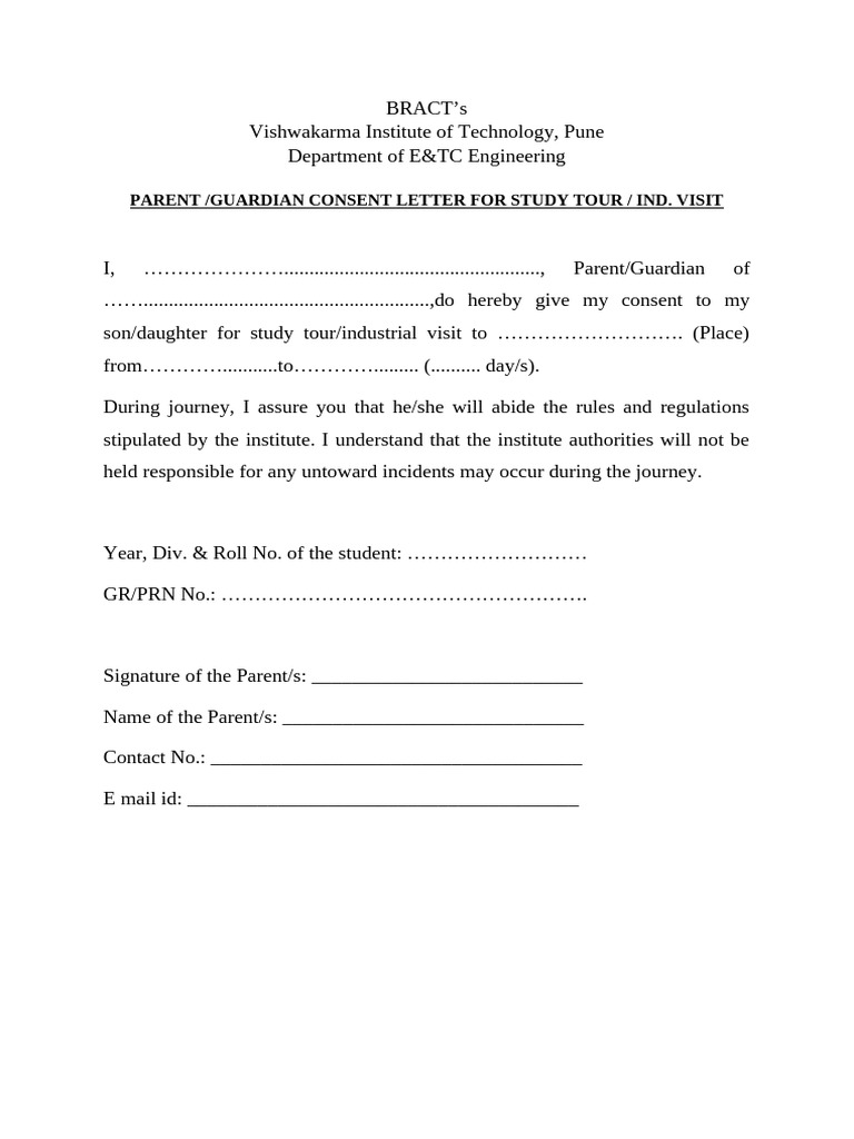 Parent Consent Letter for Study Tour | PDF
