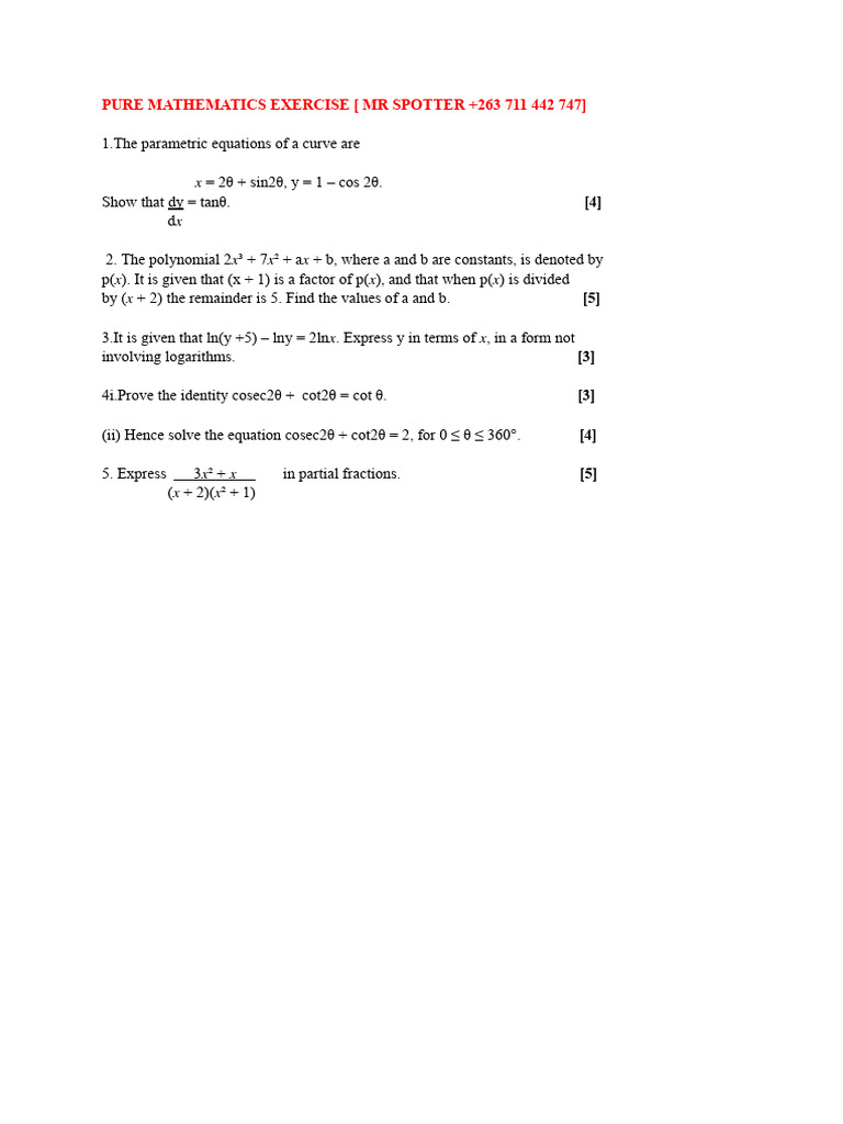 Pure Mathematics Exercises and Solutions | PDF