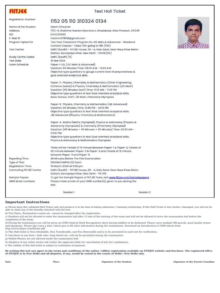 FIITJEE Exam Hall Ticket Instructions | PDF
