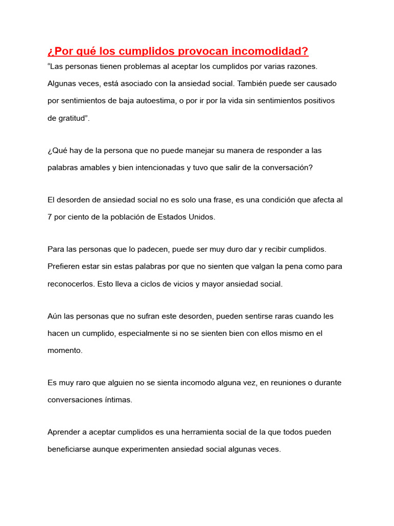 Por qué los cumplidos provocan incomodidad | PDF | Autoestima | Ansiedad