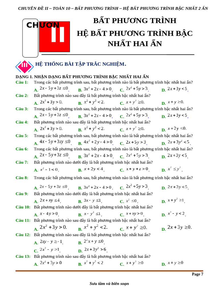 Toan 10 c2 b1,2 2 Bpt Hbpt Bac Nhat 2 an Trac Nghiem p1 De | PDF
