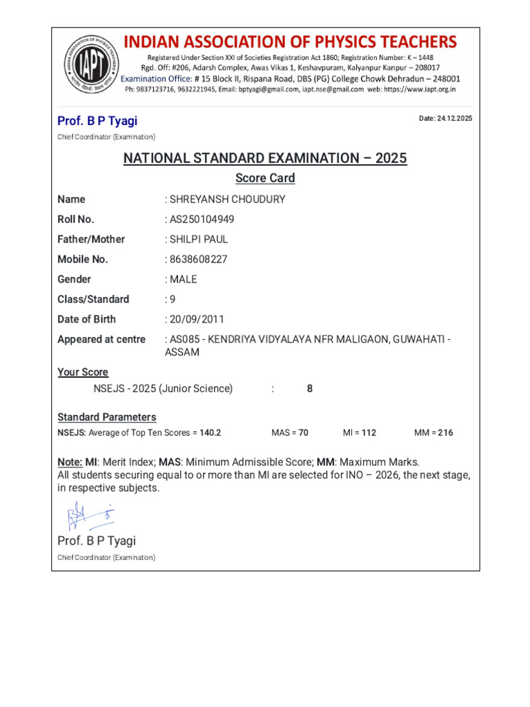 NSEJS 2025 Score Card for Shreyansh Choudury | PDF