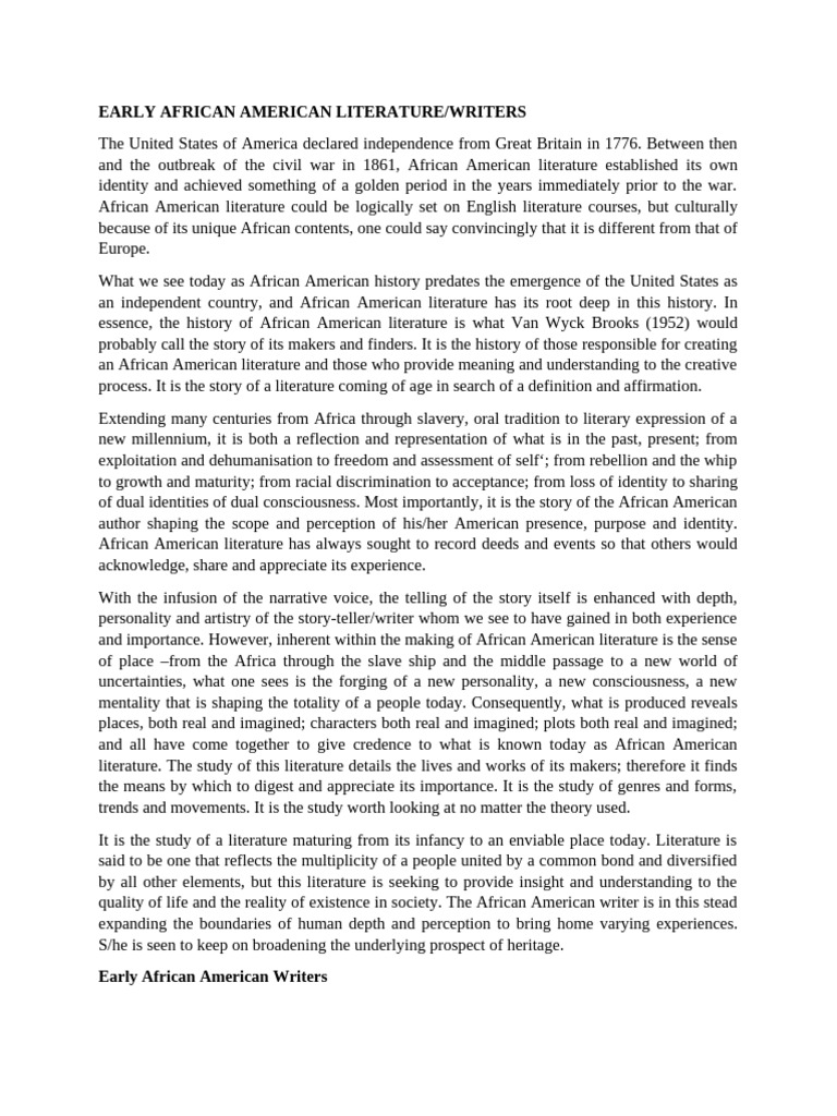 Early African American Literature Overview | PDF | African American ...