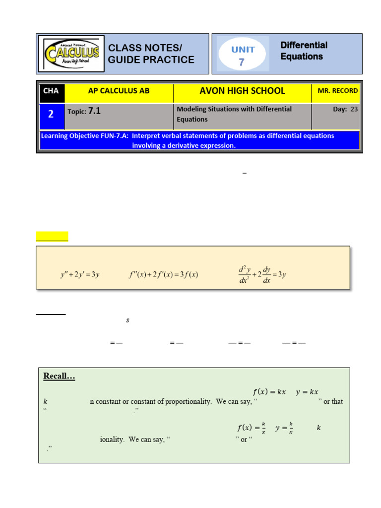 Unit 7 Notes - Differential Equations | PDF | Exponential Function ...
