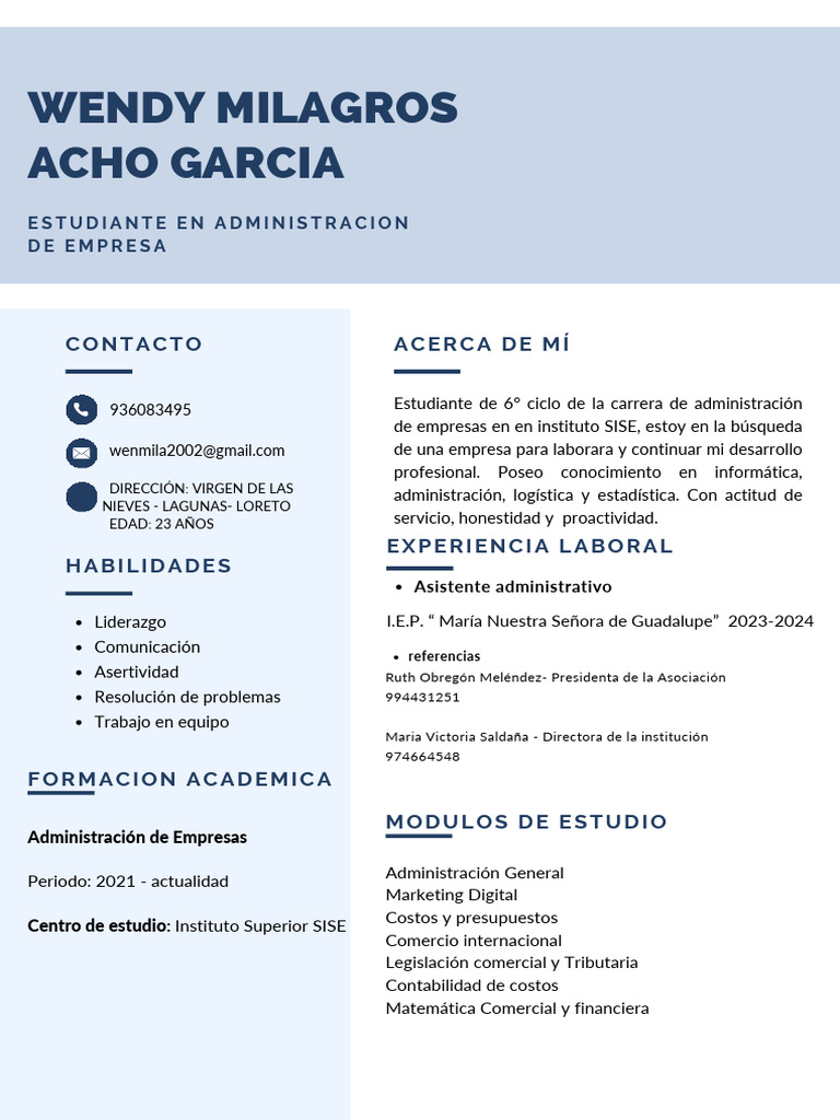 Currículum Vitae CV de Mujer Minimalista Azul | PDF | Business | Economias