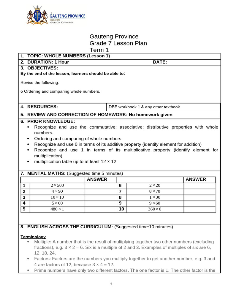 Grade 7 Whole Numbers Lessons | PDF | Multiplication | Prime Number