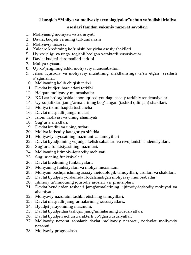 2-Moliya Moliya asoslari fanidan yakuniy nazorat savollari | PDF