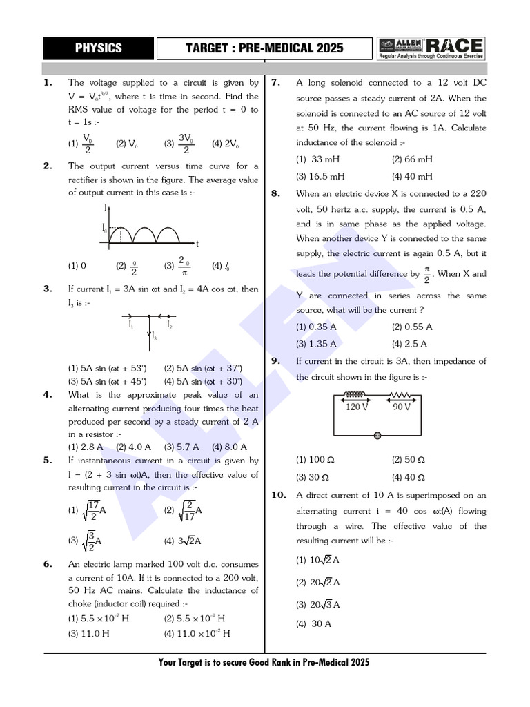 Pre-Medical 2025 Physics: AC Concepts | PDF | Voltage | Inductor