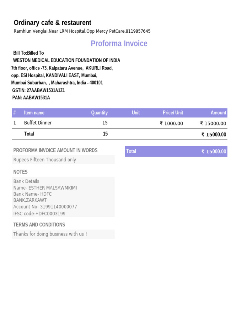 Proforma-Invoice Ordinary Cafe Aiz (1).Docx Dec.ordinary Caffe | PDF