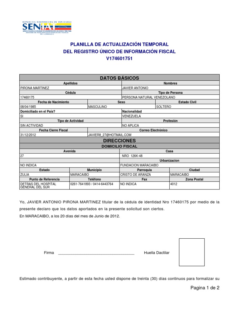 Planilla Seniat Rif Javier | PDF