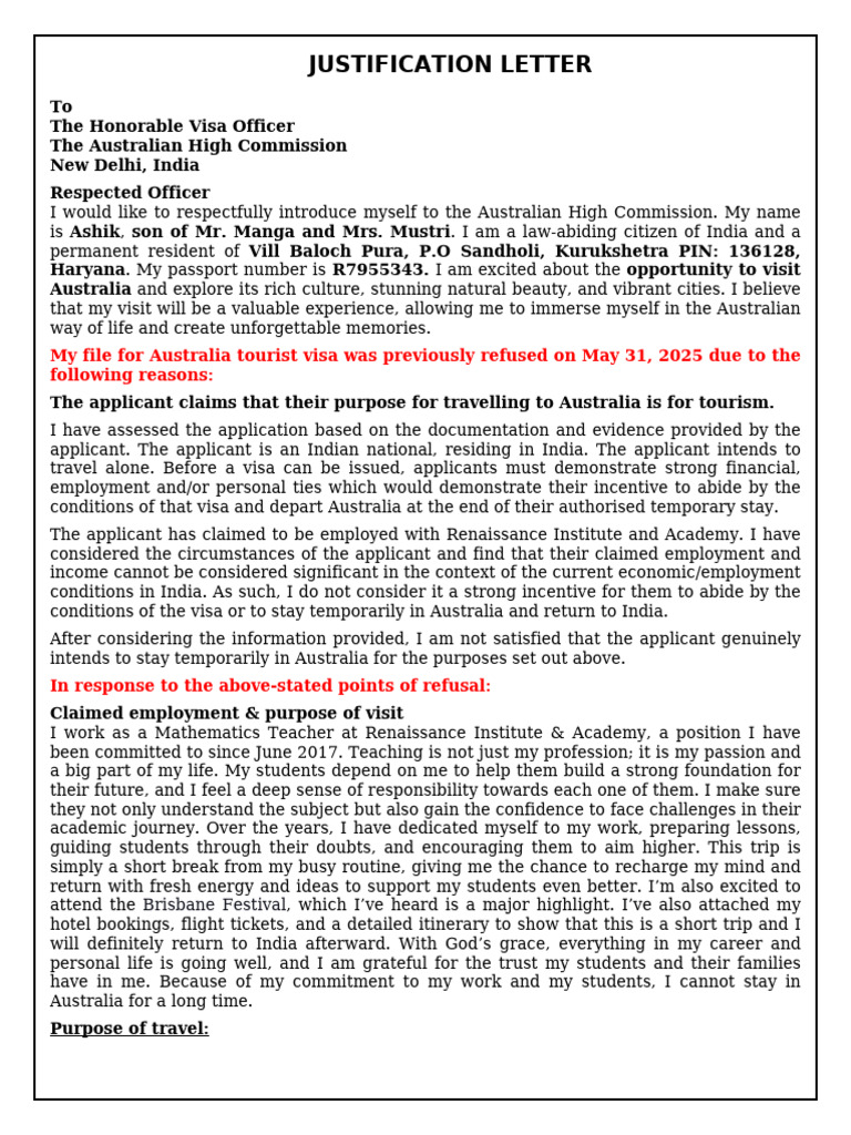 Australian Tourist Visa Justification Letter | PDF | Travel Visa | Brisbane