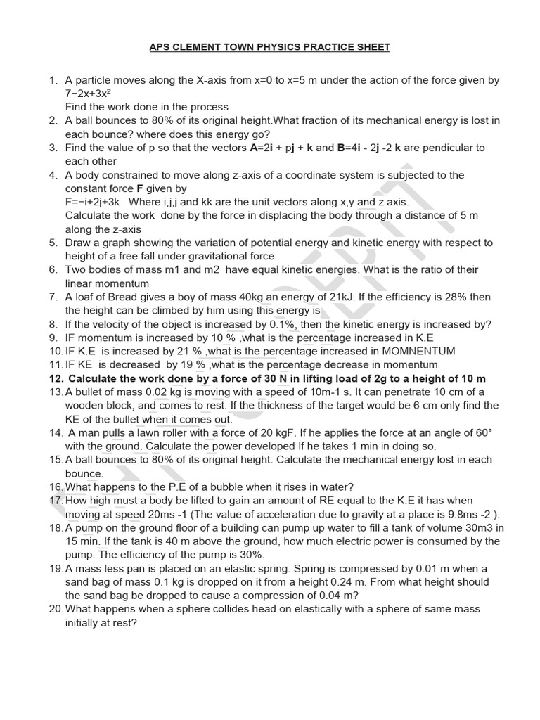 Work Numerical Sheet' | PDF | Force | Momentum