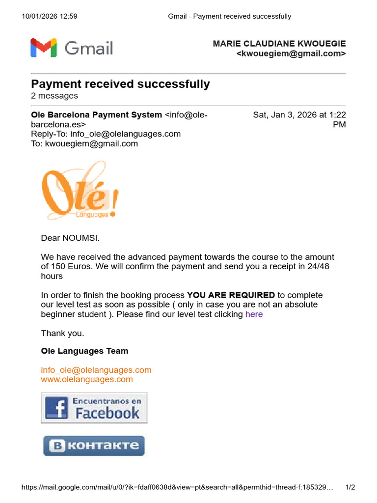 Ole Barcelona Payment Confirmation Email | PDF | Cyberspace | Online ...