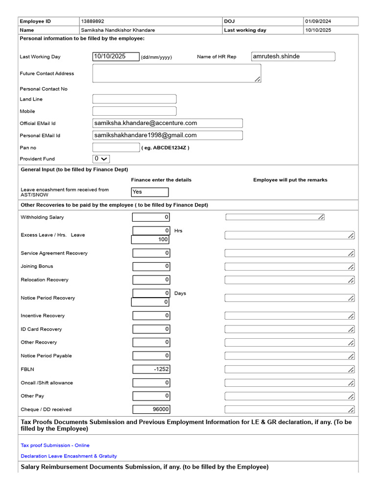 Employee Exit Form for Samiksha Khandare | PDF