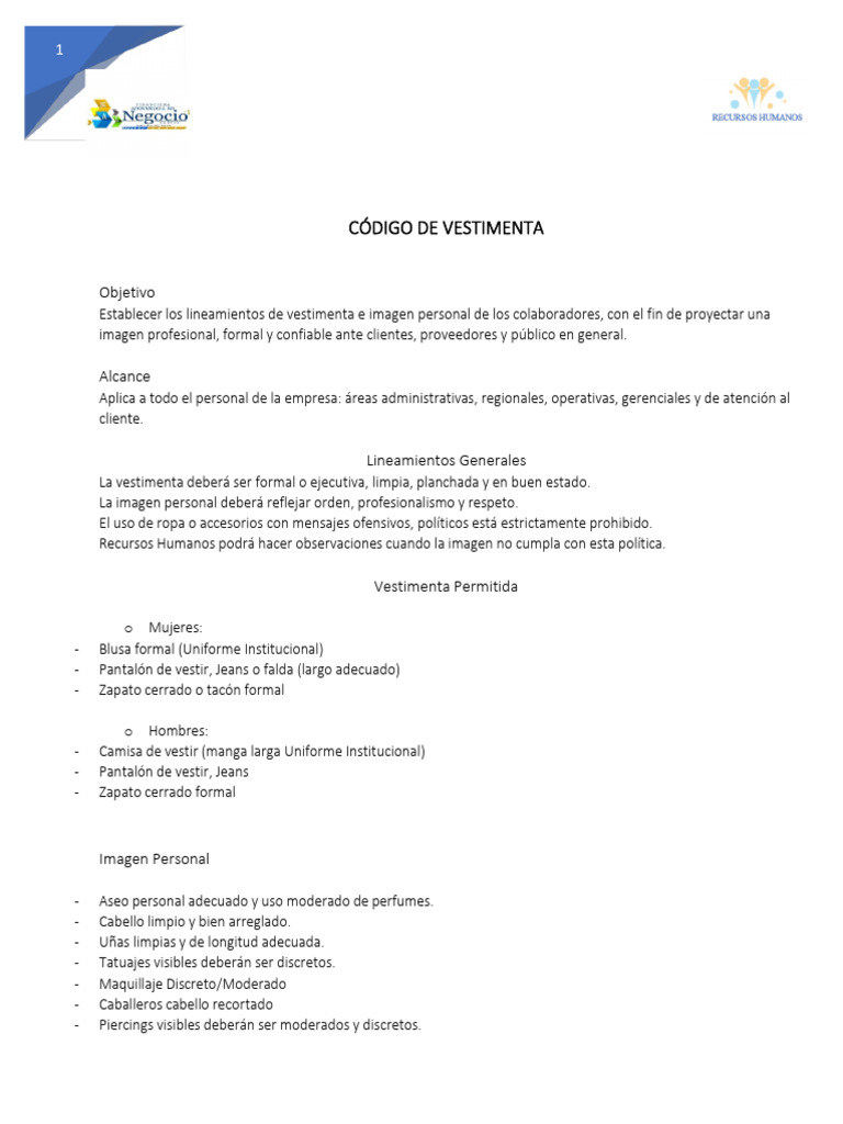 Codigo de Vestimenta Financiera | PDF | Ropa | Softlines (venta minorista)