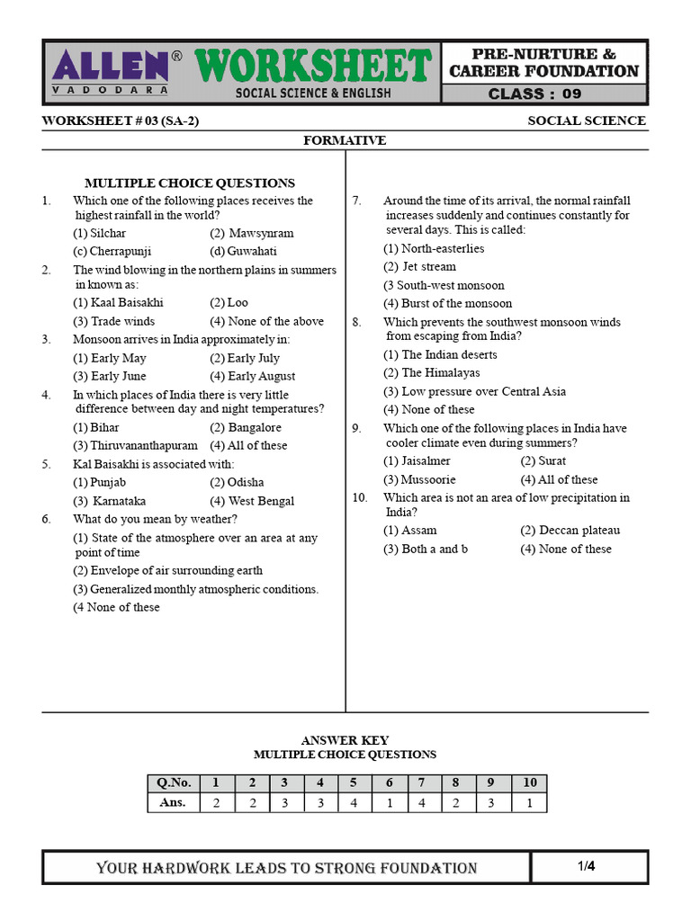 Class 9 Worksheet 3 SA2 SST English | PDF | Monsoon | Atmospheric Sciences