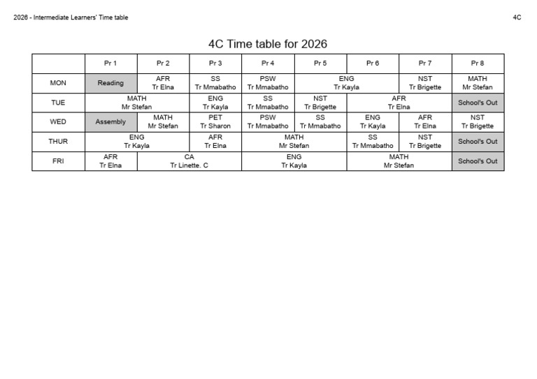 2026 - Intermediate 4C Time Table - Google Sheets-3 | PDF