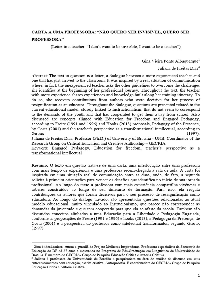 Carta a Uma Professora Gina-Vieira e Juliana Dias | PDF | Pedagogia ...