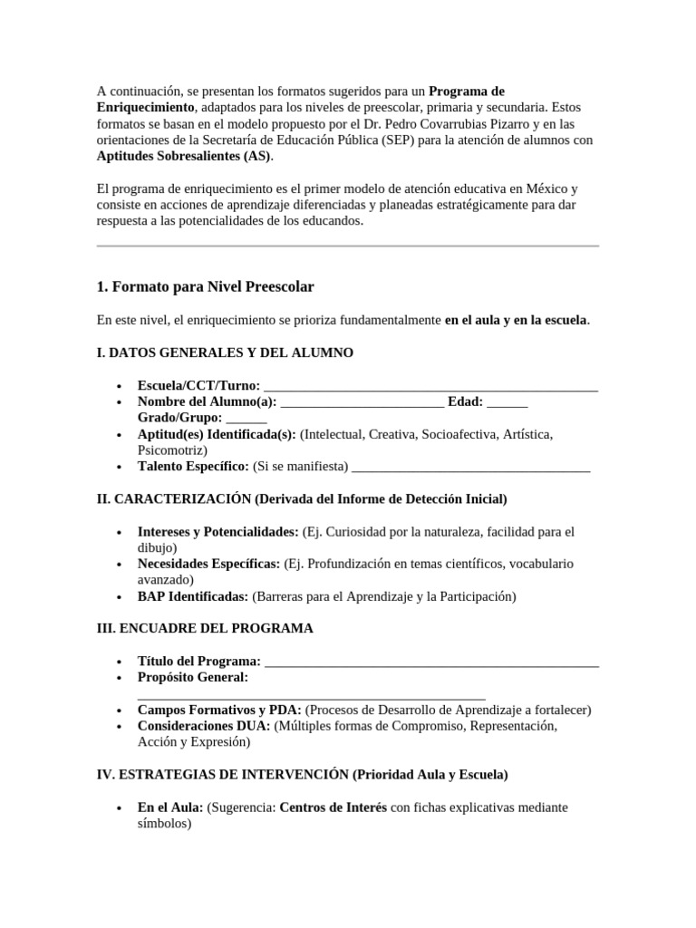 Programa de Enriquecimiento | PDF | Educación de la primera infancia | Salón de clases