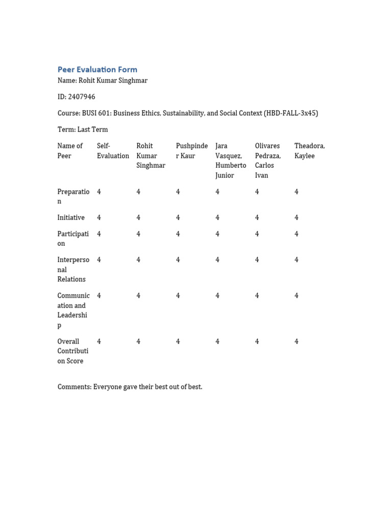 Peer Evaluation Form | PDF